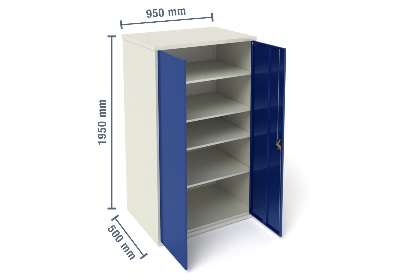 Metalen kast met dubbele deuren, 4 legplanken, 950 mm x 500 mm x 1.950 ...